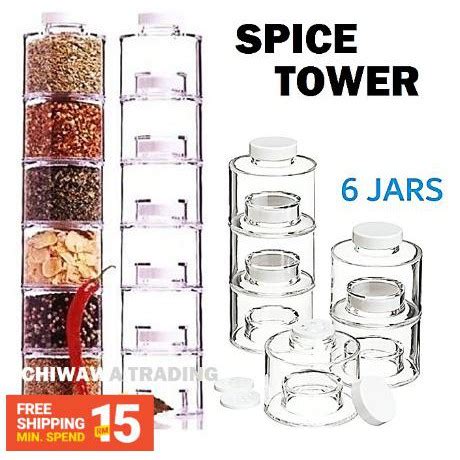 Spice Tower 6 Self Stacking Spice Organiser Rack Jar Bottles Salt Spices Storage Case Acrylic