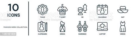 패션 위크 컬렉션 개요 아이콘 세트에는 얇은 선 팅 De 모자 드레스 노트북 드레스 보고서 프리젠 테이션 다이어그램 웹 디자인을