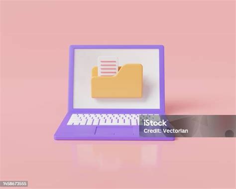 노트북에 파일 문서가 있는 노란색 포트폴리오 폴더 아이콘 컴퓨터 폴더 파일이 있는 폴더 종이 아이콘 전자 파일 문서가있는 폴더 파일 관리 개념입니다 3d 렌더링 그림 입체