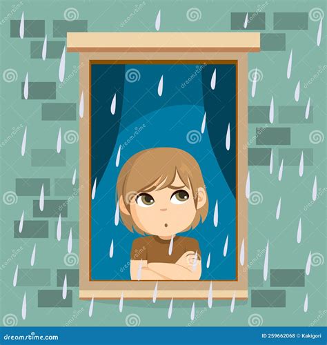 Jongen Die Regen Door Het Raam Kijkt Vector Illustratie Illustration