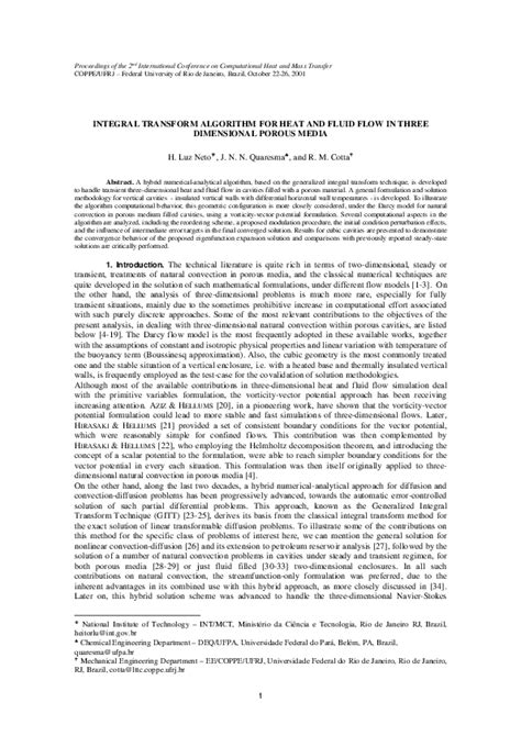 Pdf Integral Transform Algorithm For Heat And Fluid Flow In Three Dimensional Porous Media