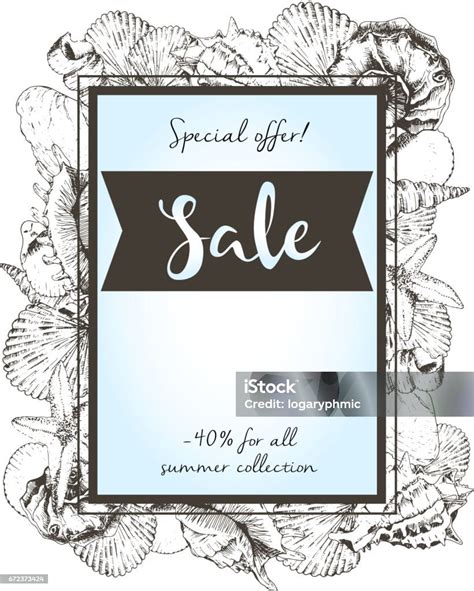 여름 판매의 벡터 플라이어입니다 테두리 사각형 구성입니다 조개 장식 손으로 그린 빈티지 예술입니다 기업 재무와 산업에 대한 스톡