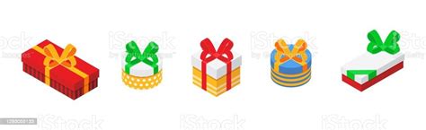 흰색 배경에 리본 리본이 있는 사실적인 벡터 일러스트레이션 선물 및 선물 상자 등가성 선물 상자는 평면 만화 스타일로 아이콘을 설정합니다 리본 리본 일러스트가 있는 상자를