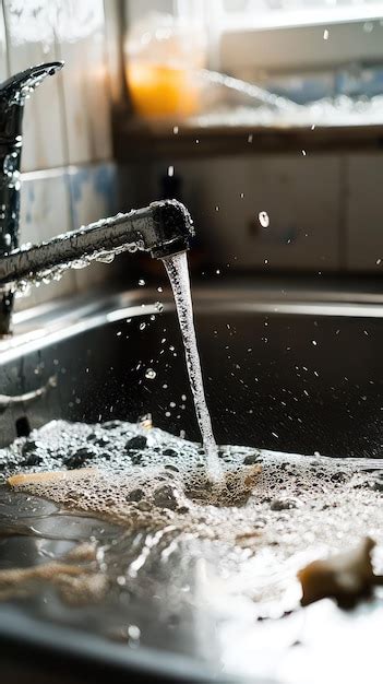 厨房的洗手盆有破碎的手柄 漏水造成 水和波浪在盆地的场景捕捉了局势的紧迫性 强调需要修复 premium ai generated image