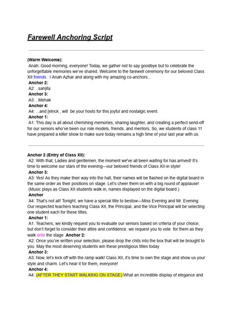 Anchoring Script For Farewell Ceremony Pdf