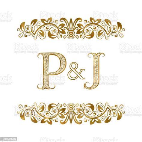 P와 J 빈티지 이티즈 기호 문자는 장식 요소로 둘러싸여 있습니다 결혼식 또는 비즈니스 파트너 로얄 스타일의 모노그램 결혼식에