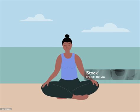 여자는 요가를 하고 야외에서 명상을 하고 명상을 한다 차분한 성격이 모래 위에 앉아 있습니다 사람은 자신과 조화를 이루는 해변에서 운동에 종사하고 즐깁니다 만화 벡터