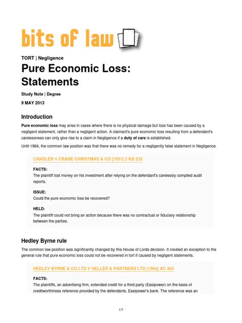 Pure Economic Loss Liability Statement Pdf Negligence Tort