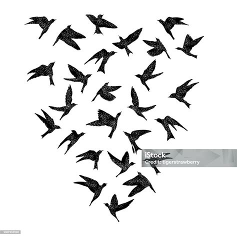 절연 공기 영감 몸 플래시 문신 잉크 새 무리의 질감된 점각 실루엣 벡터입니다 새의 브이 형태로 날기에 대한 스톡 벡터 아트 및 기타 이미지 새의 브이 형태로 날기
