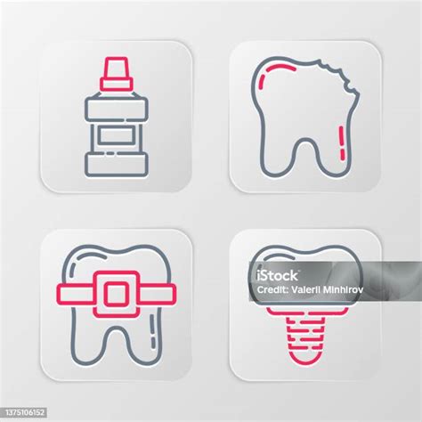 세트 라인 치과 임플란트 중괄호가있는 치아 깨진 치아 및 구강 세척기 병 아이콘 벡터 개념에 대한 스톡 벡터 아트 및 기타 이미지 개념 건강 진단 건강관리와 의술