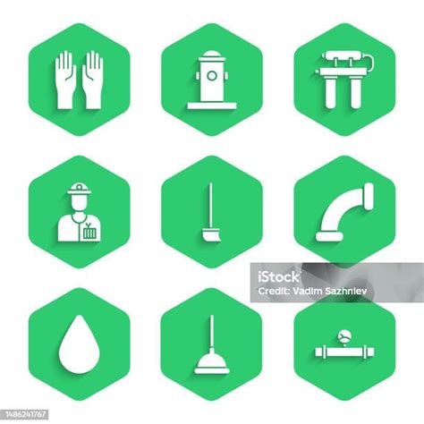 걸레 고무 플런저 산업 파이프 및 압력계 금속 물방울 배관공 필터 및 장갑 아이콘을 설정합니다 벡터 0명에 대한 스톡 벡터 아트 및 기타 이미지 Istock