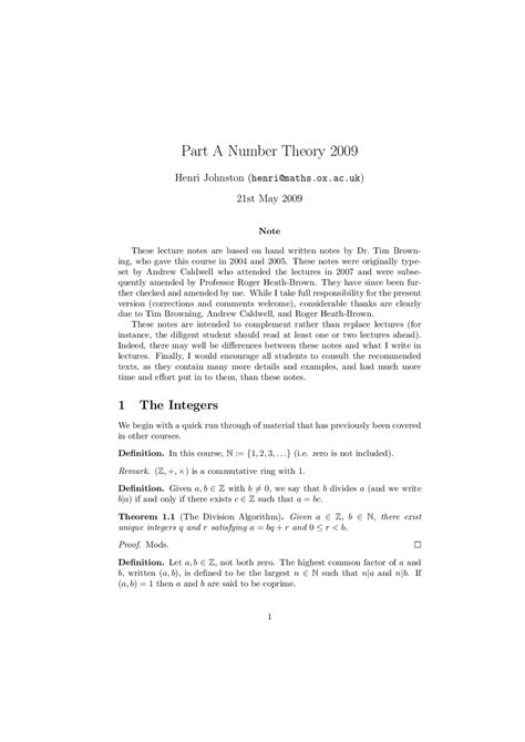 Number Theory Introduction Lecture Notes Mathematics Prof Henri Johnston Docsity
