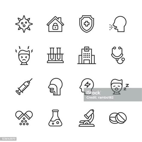 코로나 바이러스 라인 아이콘 편집 가능한 스트로크입니다 픽셀 완벽한 모바일 및 웹용 바이러스 잠금 무리 면역 기침 두통 실험실 병원 청진기 주사기 목구멍 발열 항 바이러스