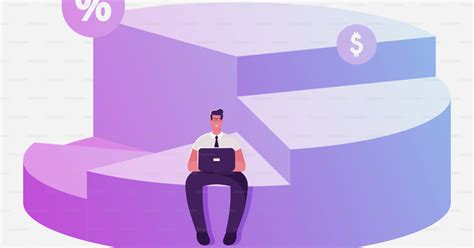 사업가 주주가 노트북으로 작업하는 파이 차트의 몫 위에 앉아 있다 다이어그램은 이익 공유 성공적인 파트너십 회사 주식 소유권 만화 평면 벡터 일러스트레이션을 묘사합니다