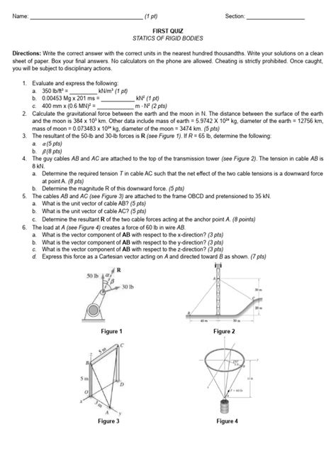 Quiz 1 Statics In Rigid Bodies Revised Pdf Force Euclidean Vector