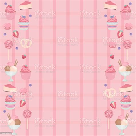 파스텔 체크 무늬 패턴과 복사 공간이있는 달콤한 디저트 프레임 귀여운에 대한 스톡 벡터 아트 및 기타 이미지 귀여운 냉동식품 다중 색상 Istock