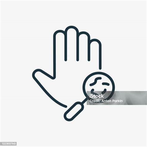 박테리아 세균 미생물과 바실리 에 더러운 손 팜 라인 아이콘 바이러스와 박테리아를 가진 돋보기 및 인간의 손 바이러스 피부 질환의 의학 연구 편집 가능한 스트로크 벡터