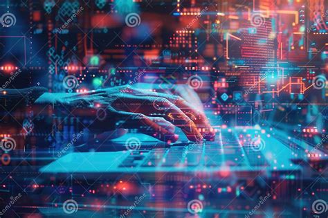 Hands Are Typing Swiftly On A Keyboard While Digital Symbols And Codes Overlay The Workspace