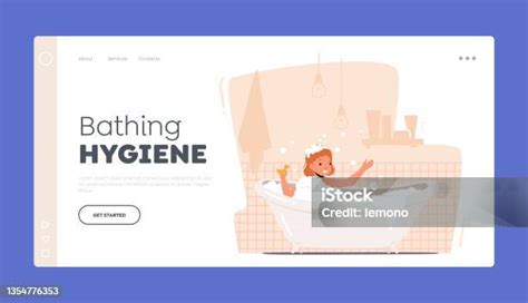 목욕 위생 방문 페이지 템플릿 욕조에서 작은 아기 아이 캐릭터 루틴 장난감을 가진 욕실에서 어린이 세탁 화장실 건축물에 대한