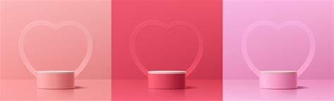 분홍색 빨간색 흰색 실린더 받침대가 있는 3d 연단 발렌타인 데이 배경 세트입니다 하트 모양 프레임 배경 벡터 기하학적 플랫폼 모형 제품 디스플레이 최소한의 벽 장면