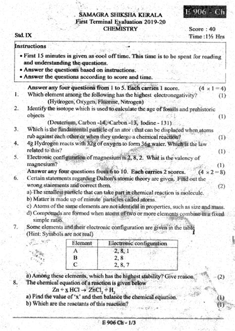 Kerala Class 9 First Term Onam Exam Question Paper 2019 Chemistry Em