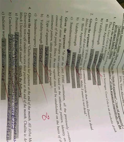 v short answer items show or write the form of argument type of