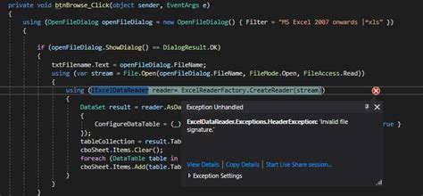 Excel C Error With Exceldatareader Stack Overflow