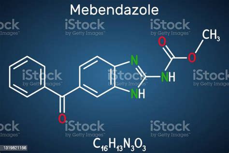 메벤다졸 Mbz 분자 합성 벤지미다졸 파생 및 안충증 약물입니다 짙은 파란색 배경의 구조적 화학 포뮬러 0명에 대한 스톡 벡터 아트 및 기타 이미지 Istock