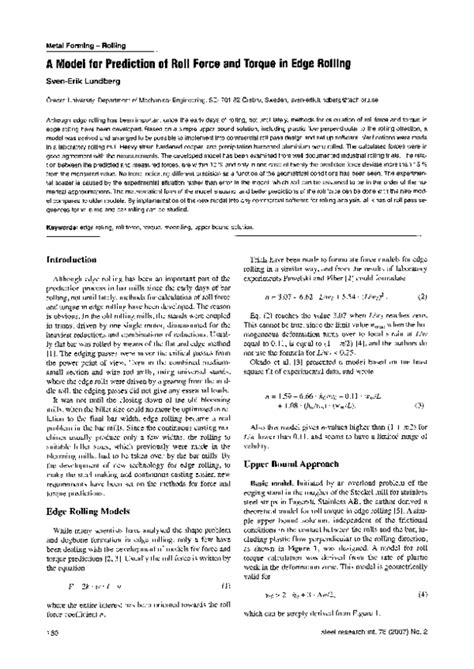 Pdf A Model For Prediction Of Roll Force And Torque In Edge Rolling