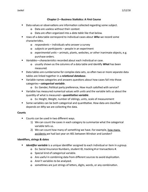 Business Data Analysis Chapter 2 Note Jaekel 112 Chapter 2—business Statistics A First