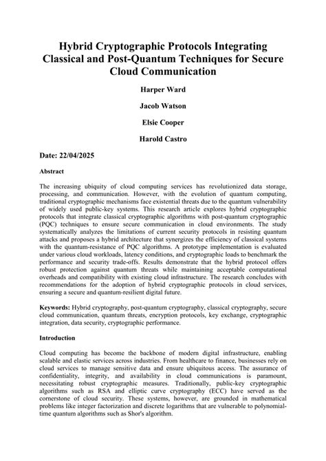 Pdf Hybrid Cryptographic Protocols Integrating Classical And Post Quantum Techniques For