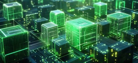 Futuristic Digital Cityscape With Glowing Green Data Blocks And Circuit