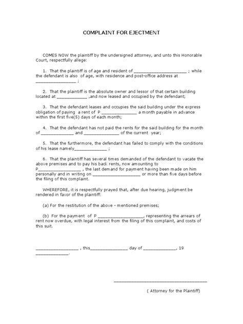Complaint For Ejectment Sample Pdf