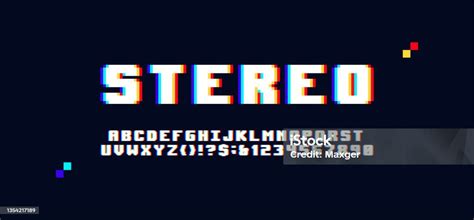3d 픽셀 글꼴 복고풍 비디오 게임 미학 80 년대 빈티지 타이포그래피 문자와 스테레오 효과와 숫자 어두운 배경에 픽셀화 서체 컴퓨터 글자에 대한 스톡 벡터 아트 및 기타