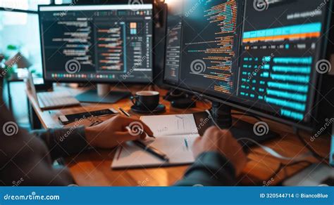 software developer working on code in dual monitor setup aig41 stock