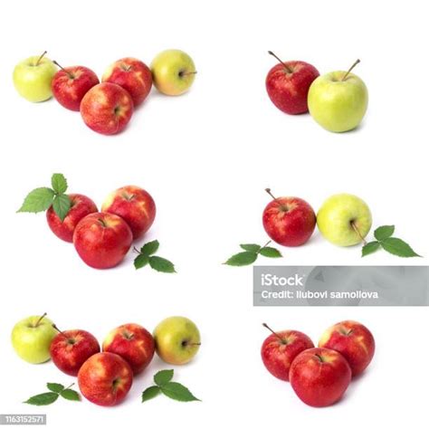 흰색 배경에 빨간 사과 세트입니다 흰색 배경에 노란색 반점이있는 붉은 색의 수분이 많은 사과 육즙이 빨간 사과의 구성 0명에 대한 스톡 사진 및 기타 이미지 Istock