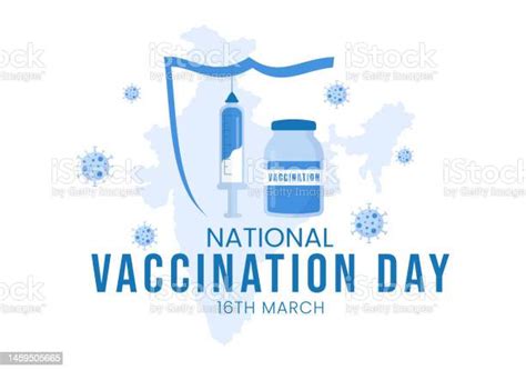 3월 16일 전국 예방 접종의 날 방문 페이지 템플릿에 그려진 플랫 만화에 강력한 면역을 위한 백신 주사기를 사용한 그림