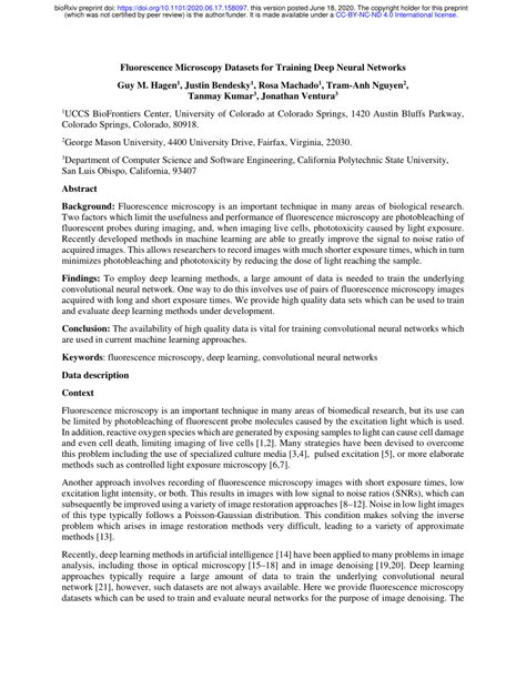 Pdf Fluorescence Microscopy Datasets For Training Deep Neural Networks