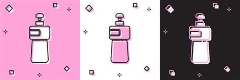 분홍색과 흰색 검은 색 배경에 격리 된 식기 세척 액상 병 아이콘을 설정합니다 설거지용 액체 세제 벡터 일러스트레이션 가사 집안일에 대한 스톡 벡터 아트 및 기타 이미지