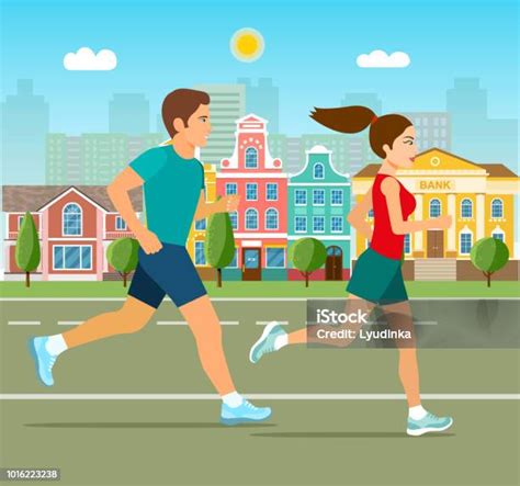 젊은 여자와 길거리에서 조깅 하는 사람입니다 평면 스타일 벡터 일러스트 레이 션 2명에 대한 스톡 벡터 아트 및 기타 이미지 2명 거리 건강한 생활방식 Istock