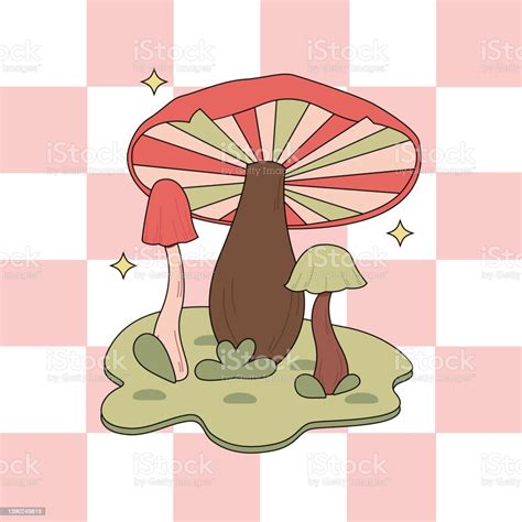 다양한 마법의 환각 성 버섯 판타지 귀여운 요소 풀밭에 복고풍 만화 버섯 추상적인 현대적인 디자인 히피 스타일 격리된 배경에 벡터 플랫 일러스트레이션입니다 강렬하고 밝은