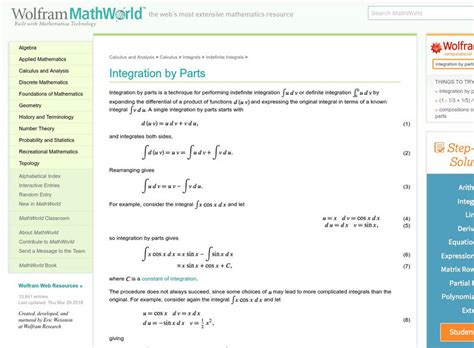 Wolfram Math World Integration By Parts Handout For 9th 10th Grade Lesson Planet