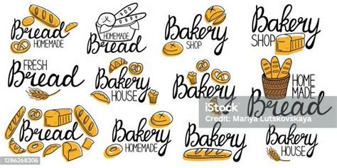 베이커리 로고 컬렉션 빵 수제 엠블럼 세트 베이커리 식품 포장을 위한 손으로 그린 낙서 라벨 현지 제품 간단한 스탬프 라인