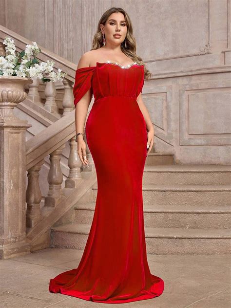 Shein Belle Plus Size Red Sexy Ruched Bust Corset Patchwork Beaded Off