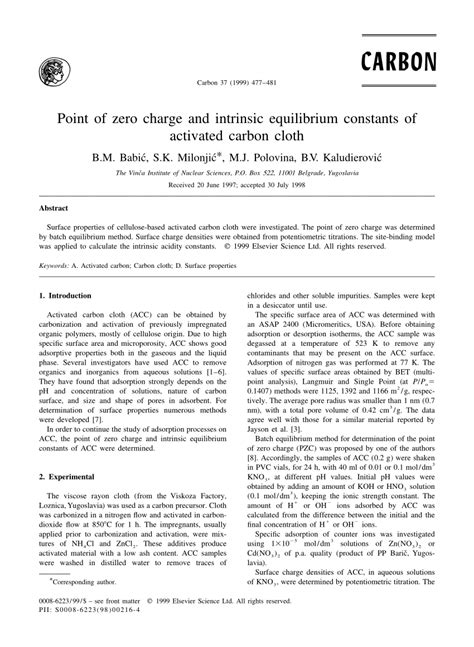 Pdf Point Zero Charge And Intrinsic Equilibrium Constants Of Activated Carbon Cloth