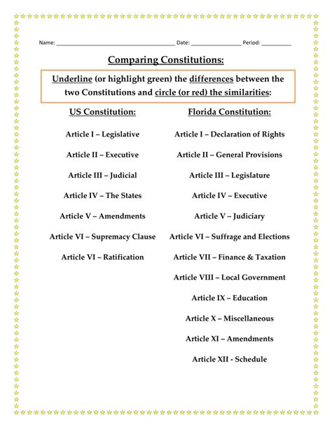 Us And Florida Constitution Comparison Worksheet