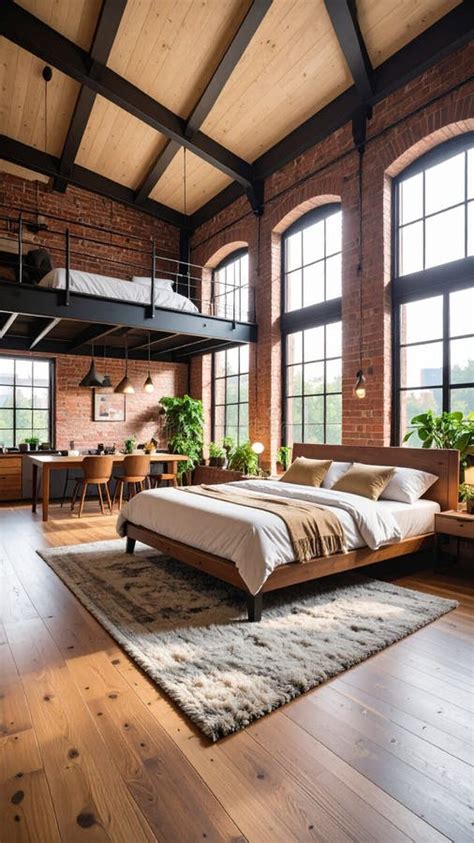 Modern Loft Bedroom Interior With Exposed Brick And Mezzanine Level Stock Image Image Of Loft