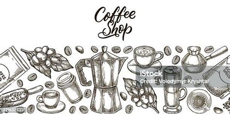 컵 커피 메이커 콩이 있는 완벽 한 배경 카페 가게 메뉴 라벨 디자인 요소 벡터 스케치 그림 0명에 대한 스톡 벡터 아트 및