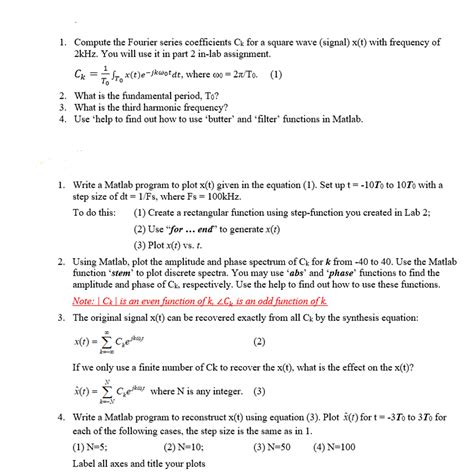 Solved 1 Compute The Fourier Series Coefficients Ck For A Square Wave 1 Answer