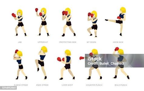 다양한 만화 권투 포즈 세트 여자 만화 벡터 일러스트 레이션 1 권투 스포츠에 대한 스톡 벡터 아트 및 기타 이미지 권투 스포츠 킥복싱 펀칭 Istock